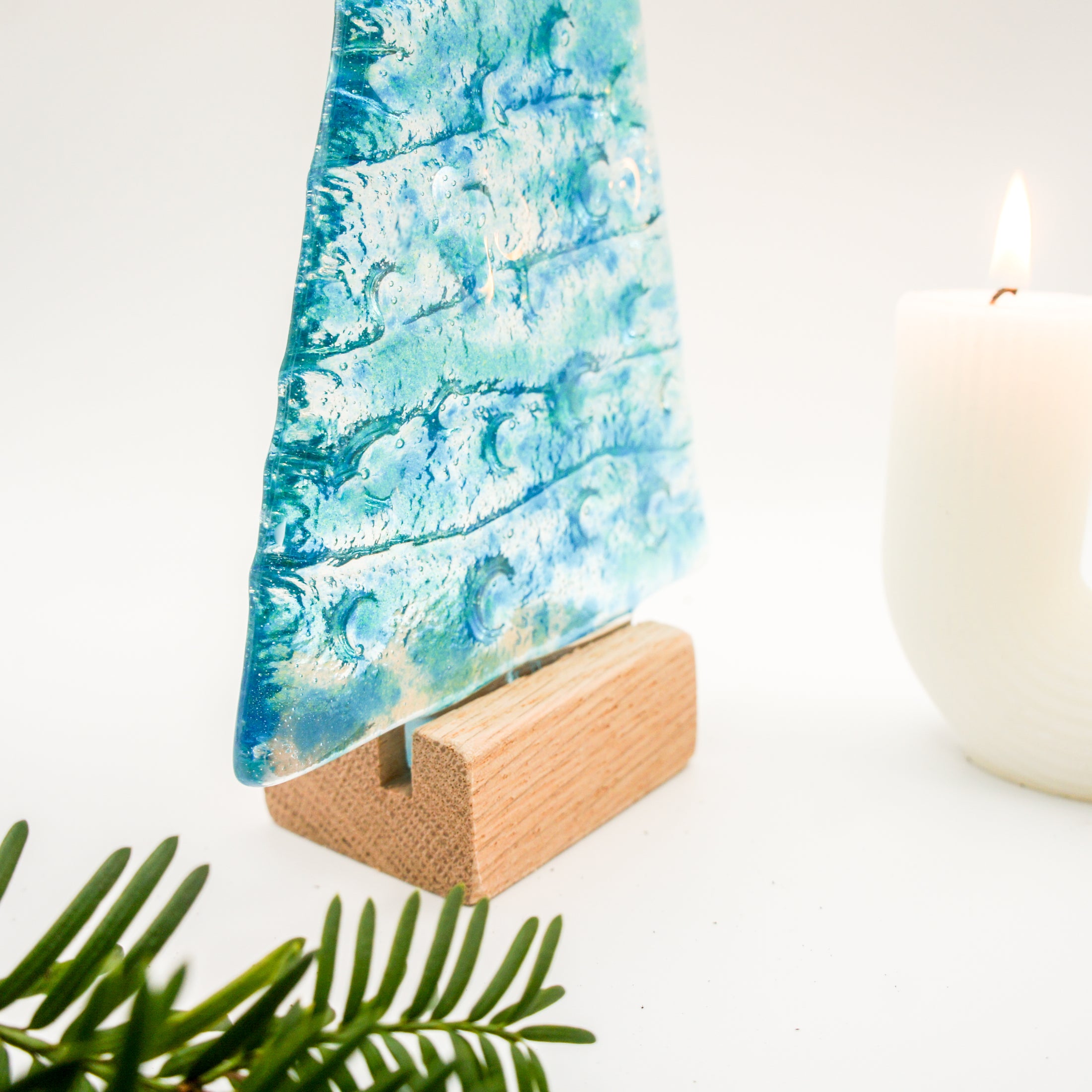 Large Turquoise&Blue Glass Tree - Freestanding - 22cm/8 1/2" with wood ...