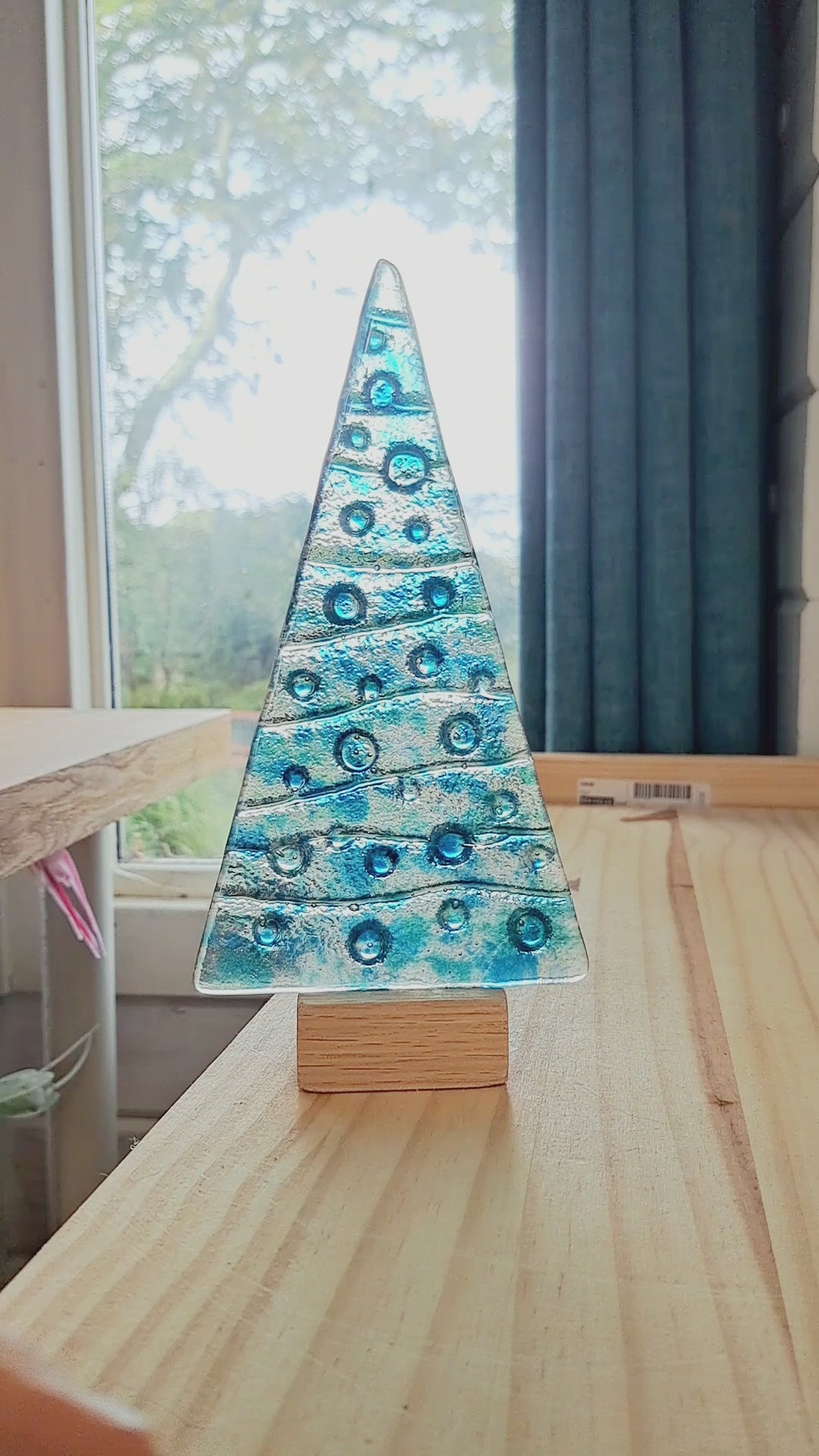 Large Turquoise&Blue Glass Tree - Freestanding - 22cm/8 1/2" with wood ...