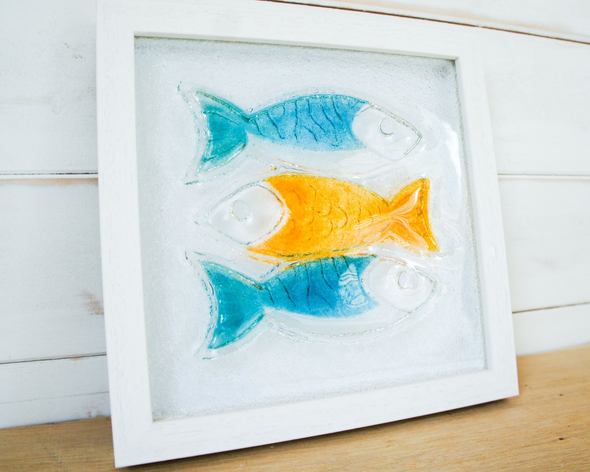 3 Fish Glass Art 25x25cm (10"x10") - Blue Orange Fish Glass Framed Pic ...