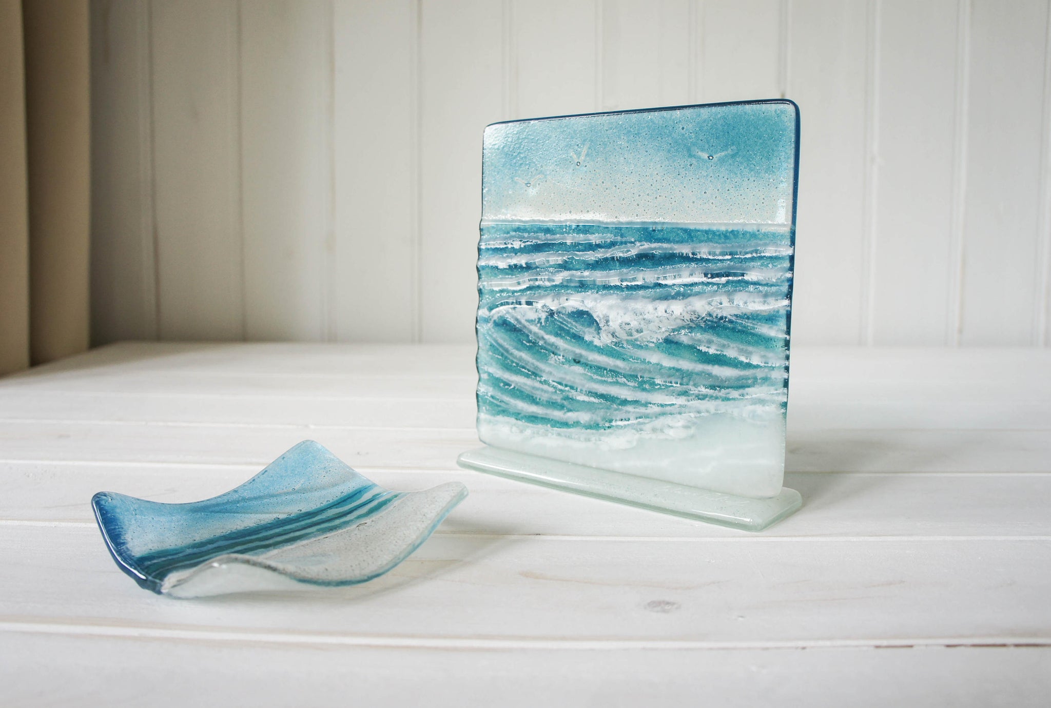Rolling Wave Glass Suncatcher Freestanding on a foot - 15cm (6") on a ...