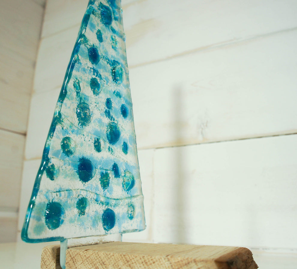 Large Turquoise&Blue Glass Tree - Freestanding - 22cm/8 1/2" with wood ...