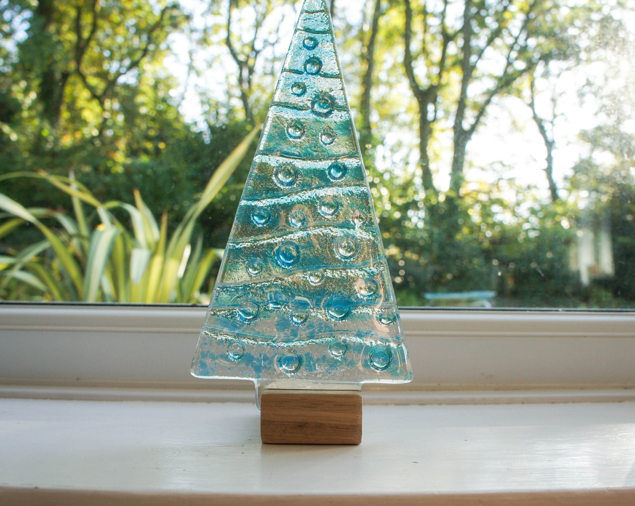 Large Turquoise&Blue Glass Tree - Freestanding - 22cm/8 1/2" with wood ...