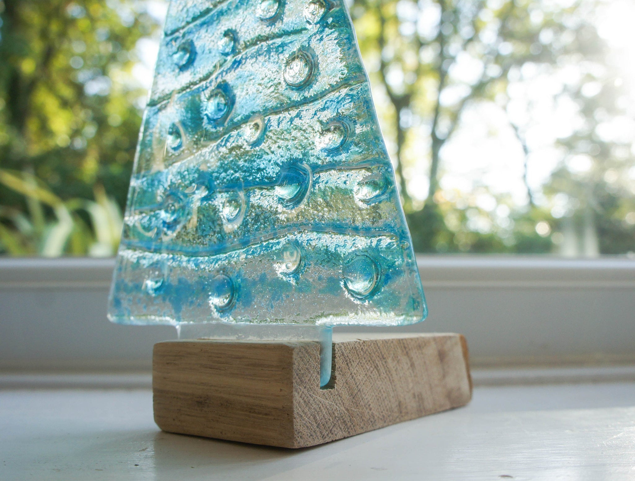 Large Turquoise&Blue Glass Tree - Freestanding - 22cm/8 1/2" with wood ...