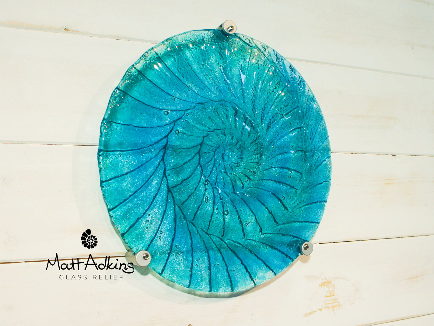 Ammonite Wall Panel - Round Turquoise Blue - 29cm(10 1/2") with 3 fixi ...